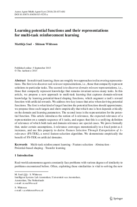 (PDF) Learning potential functions and their representations for multi-task reinforcement learning