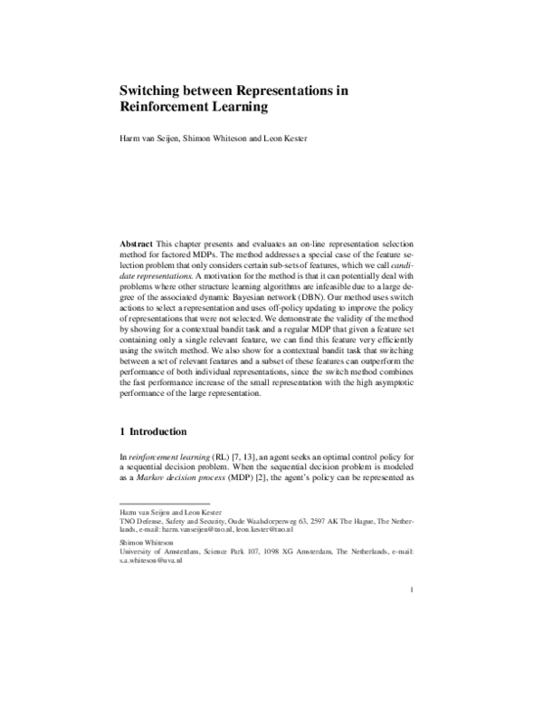(PDF) Switching between Representations in Reinforcement Learning