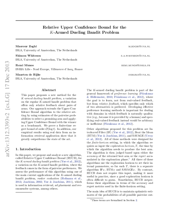 (PDF) Relative upper confidence bound for the K-armed dueling bandit ...
