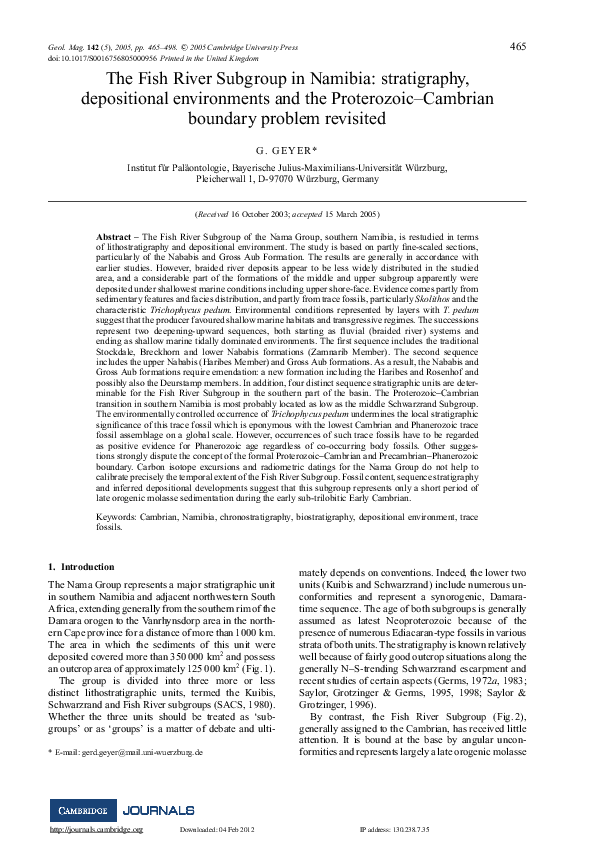 (PDF) The Fish River Subgroup in Namibia: stratigraphy, depositional ...