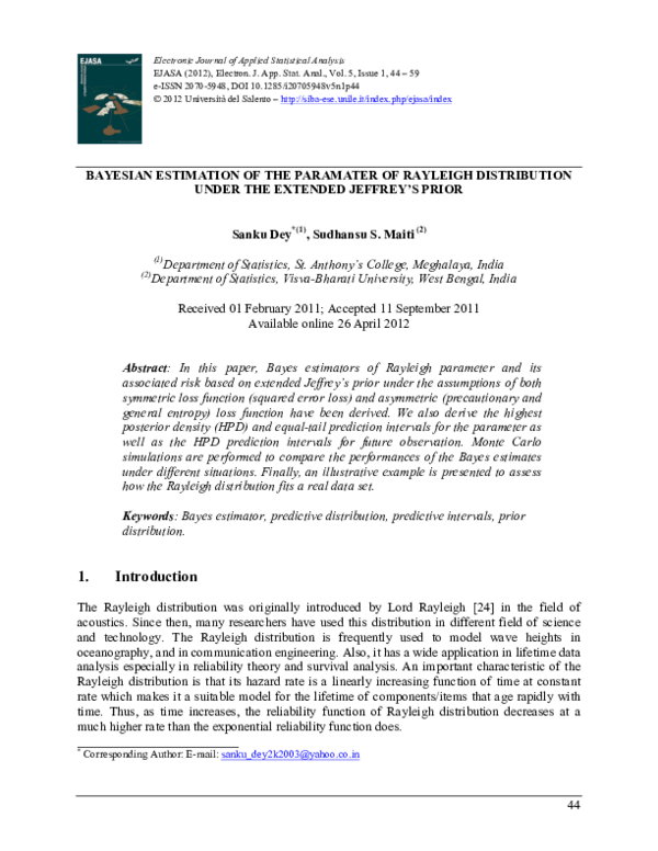 Pdf Bayesian Estimation Of The Paramater Of Rayleigh Distribution