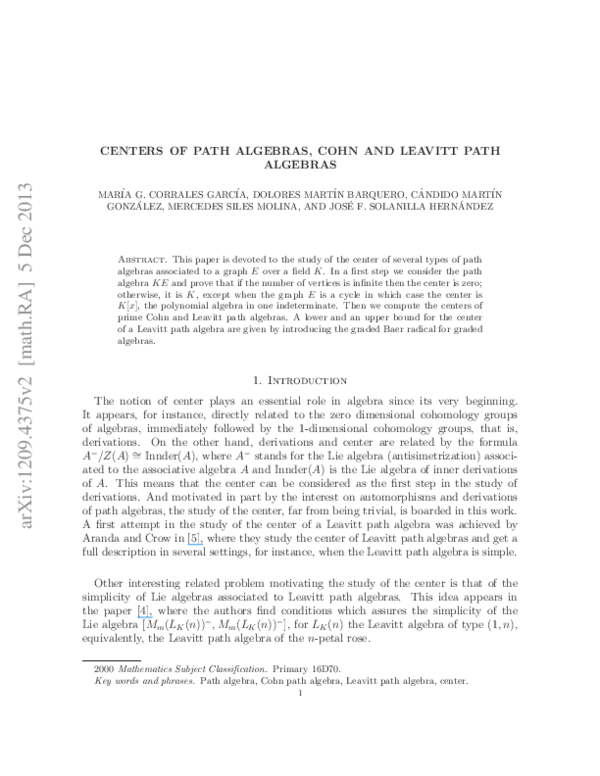 (PDF) Centers of path algebras, Cohn and Leavitt path algebras