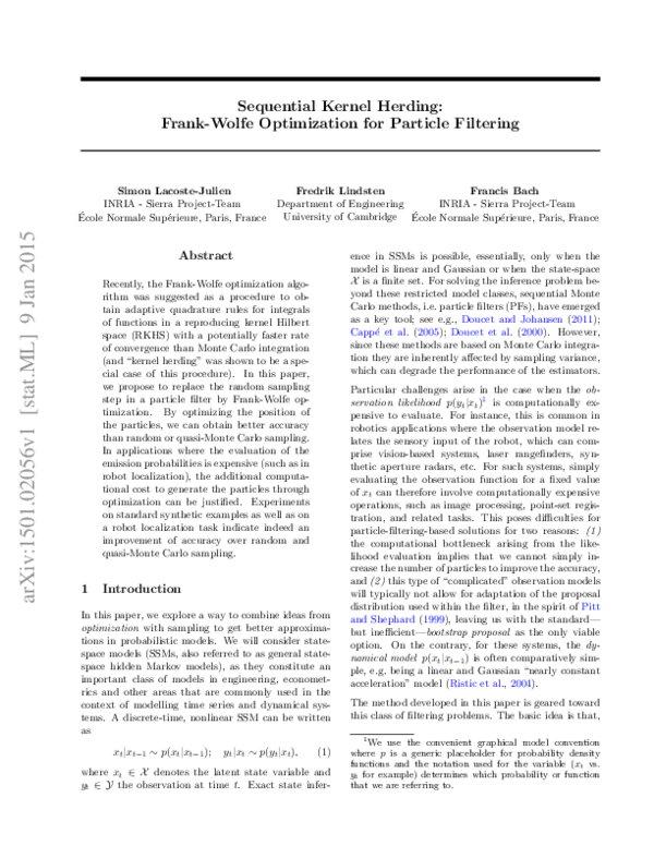 Pdf Sequential Kernel Herding Frank Wolfe Optimization For Particle Filtering Fredrik