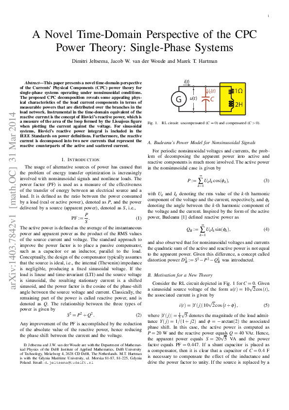 (PDF) A Novel Time-Domain Perspective of the CPC Power Theory: Single ...