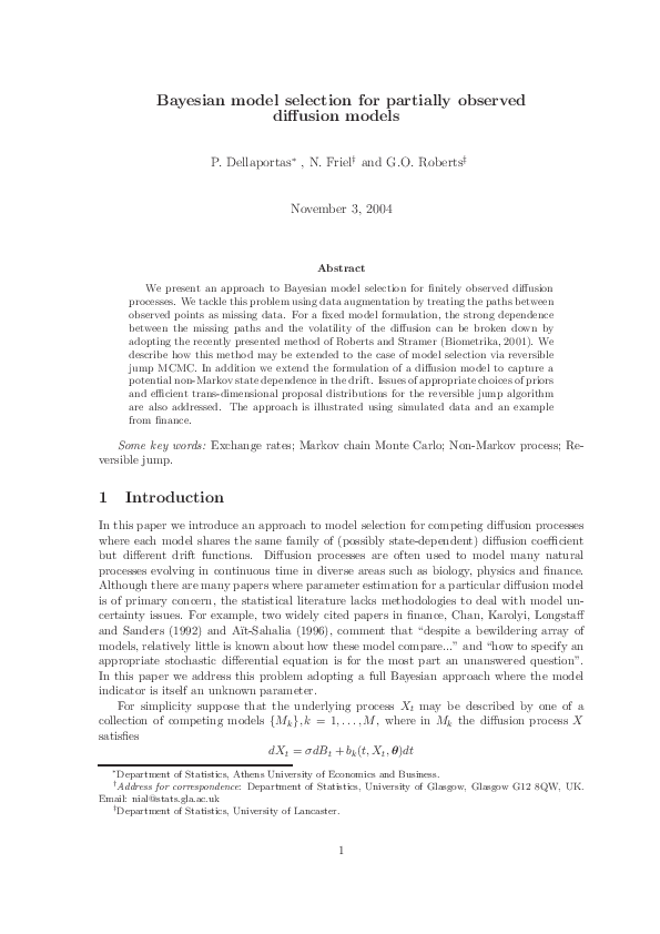 (PDF) Bayesian model selection for partially observed diffusion models | Petros Dellaportas ...
