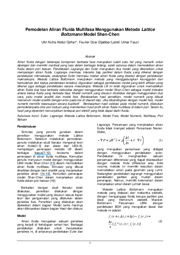 Pdf Pemodelan Aliran Fluida Multifasa Menggunakan Metode Lattice Boltzmann Model Shan Chen