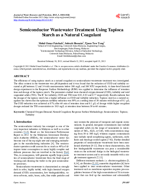 (PDF) Semiconductor Wastewater Treatment Using Tapioca Starch as a Natural Coagulant