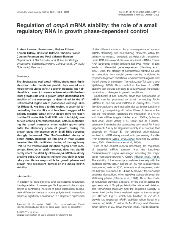 (PDF) Regulation of ompA mRNA stability: the role of a small regulatory ...