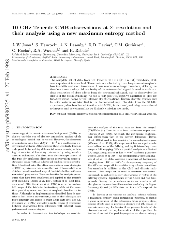 (PDF) 10 GHz Tenerife CMB observations at 8 degree resolution and their analysis using a new ...