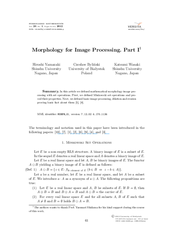 (PDF) Morphology for Image Processing. Part I