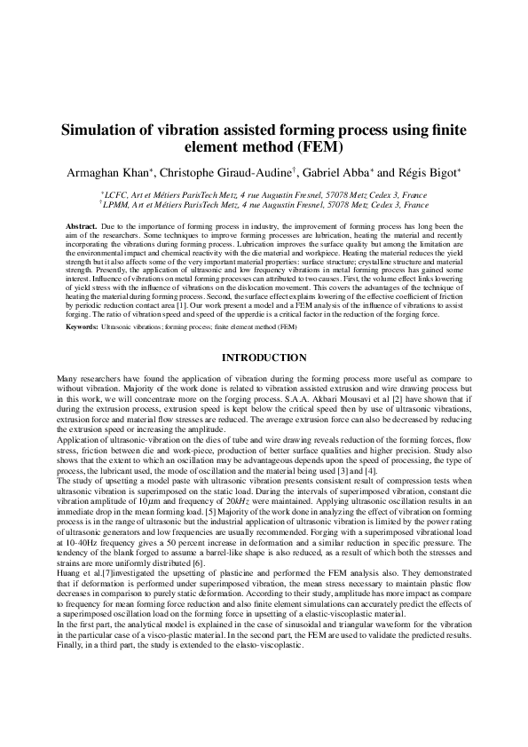 (PDF) Effects of Vibrations on Metal Forming Process: Analytical Approach and Finite Element ...