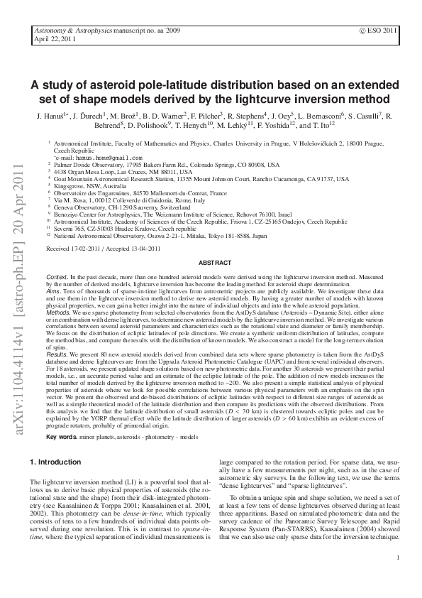 (PDF) A study of asteroid pole-latitude distribution based on an extended set of shape models ...