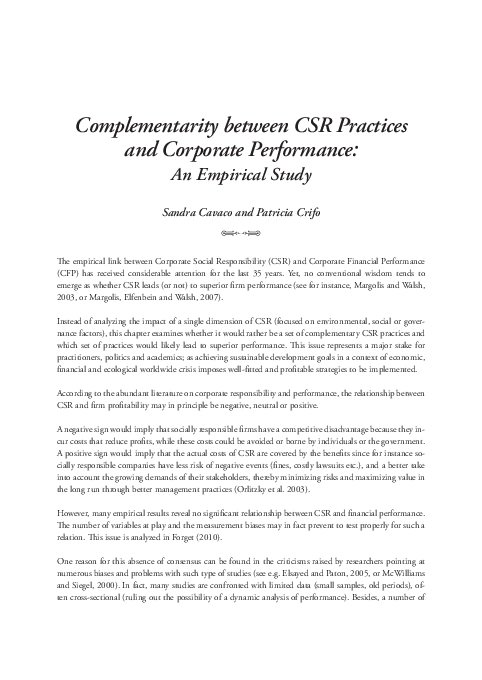 (PDF) Complementarity between CSR practices and corporate performance ...