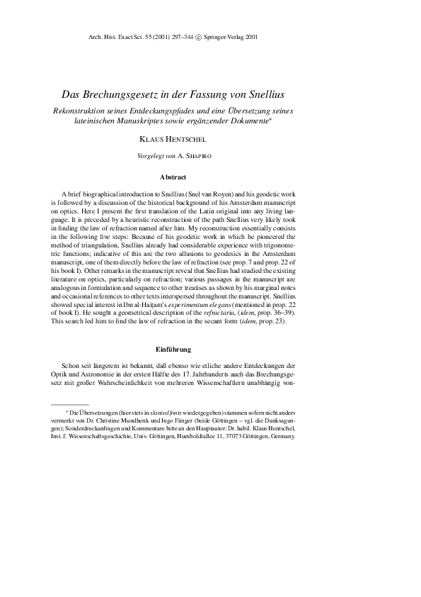 (PDF) Das Brechungsgesetz in der Fassung von Snellius