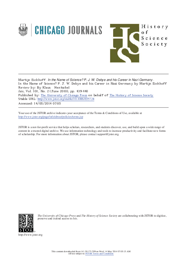(PDF) Martijn Eickhoff . In the Name of Science? P. J. W. Debye and his ...