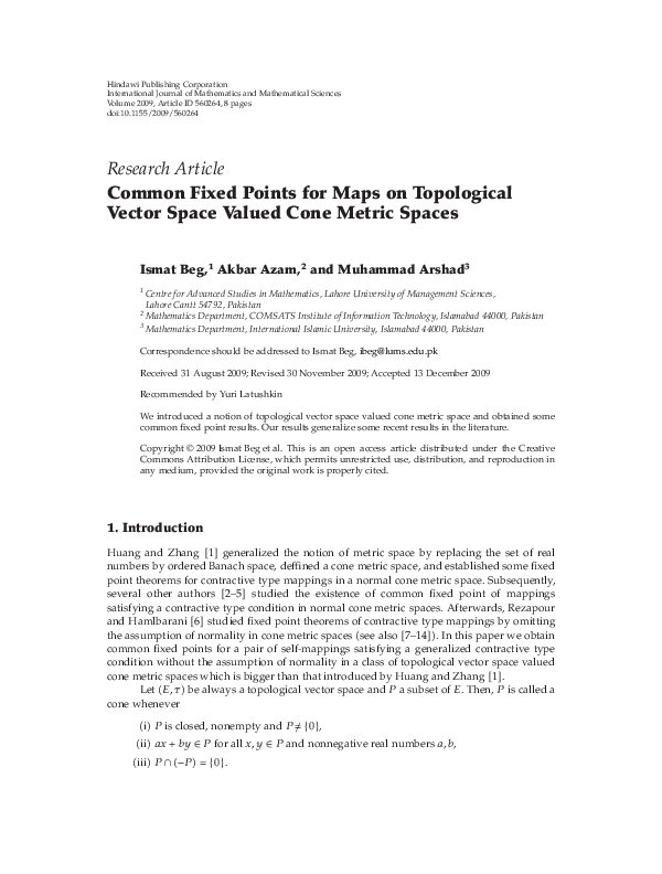 (PDF) Common Fixed Points for Maps on Topological Vector Space Valued Cone Metric Spaces