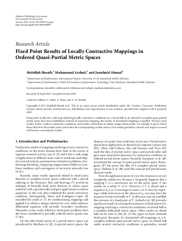 Pdf Fixed Point Results Of Locally Contractive Mappings In Ordered Quasi Partial Metric Spaces