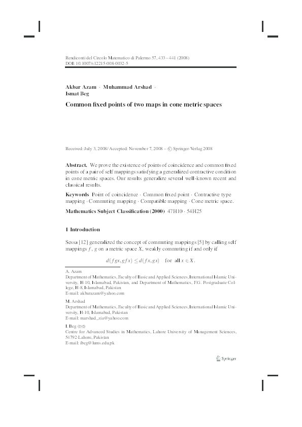Pdf Common Fixed Points Of Two Maps In Cone Metric Spaces