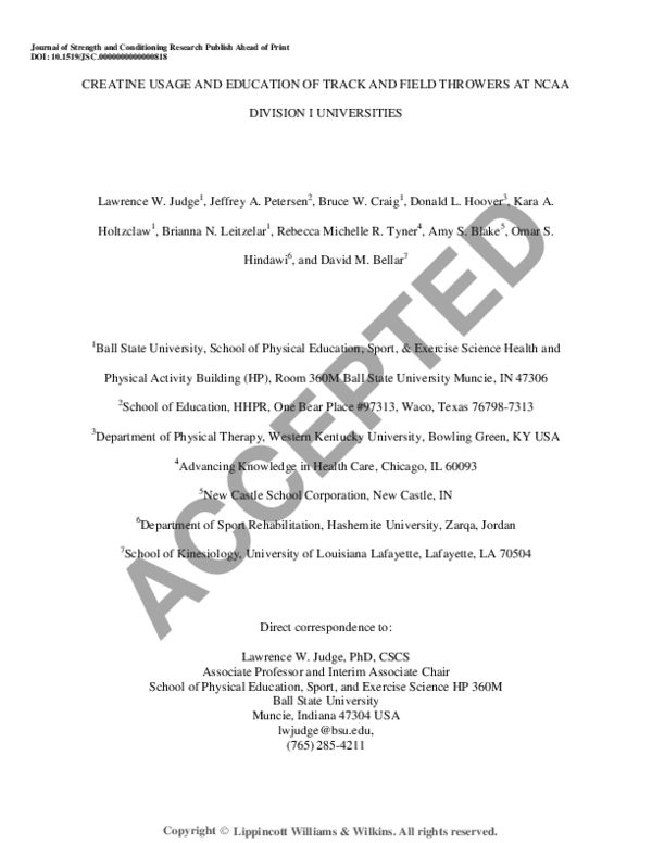 (PDF) CREATINE USAGE AND EDUCATION OF TRACK AND FIELD THROWERS AT NCAA ...