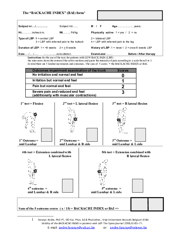 (PDF) BACKACHE INDEX" form in ENGLISH