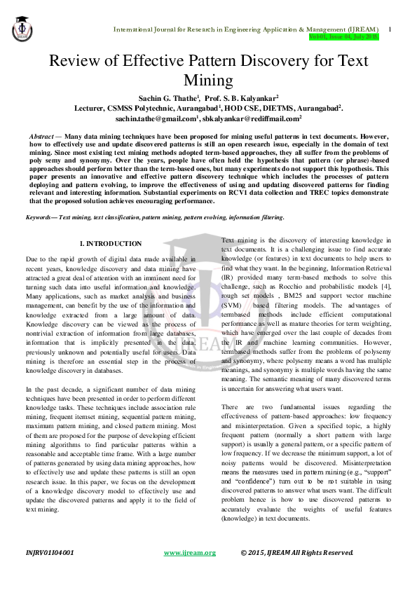 Pdf Innovative Pattern Discovery In Text Mining 