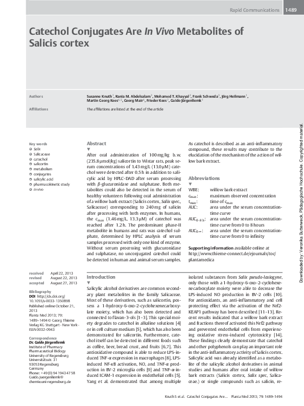 (PDF) Catechol Conjugates Are In Vivo Metabolites of Salicis cortex