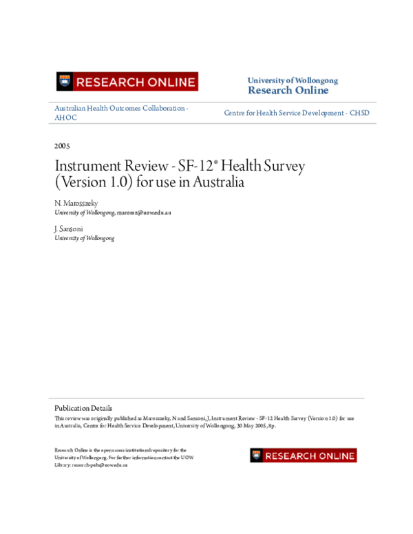 (PDF) Instrument Review - SF12® Health Survey (Version 1.0) for use in ...