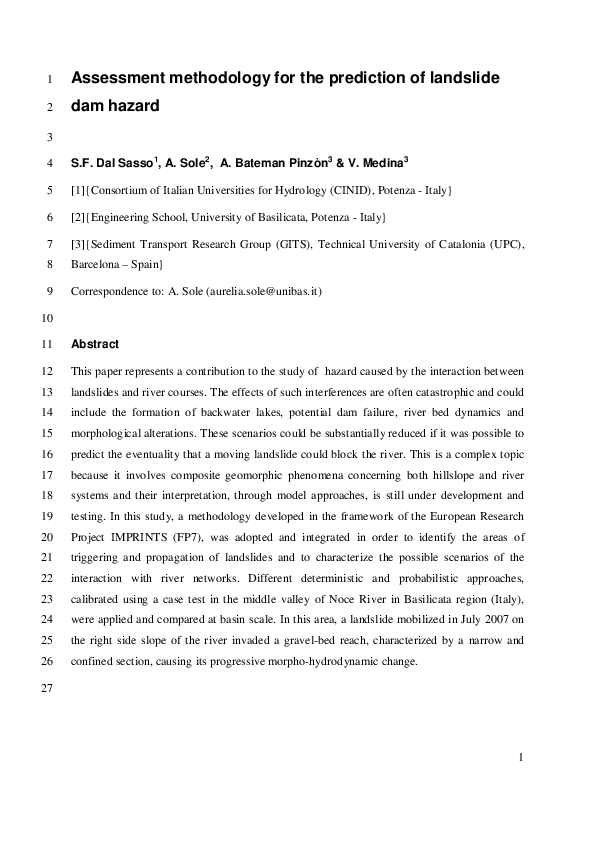 (PDF) Assessment methodology for the prediction of landslide dam hazard