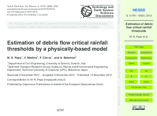 (PDF) Estimation of debris flow critical rainfall thresholds by a physically-based model