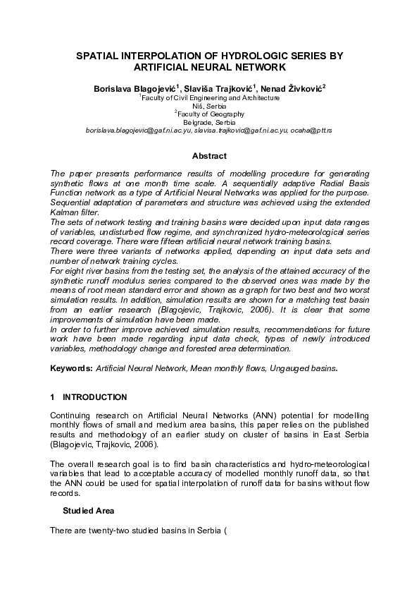 (PDF) SPATIAL INTERPOLATION OF HYDROLOGIC SERIES BY ARTIFICIAL NEURAL NETWORK