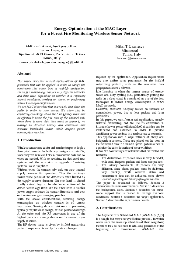 (PDF) Energy optimization at the MAC layer for a forest fire monitoring wireless sensor network