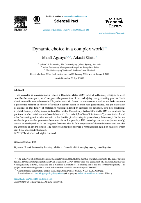 (PDF) Dynamic choice in a complex world