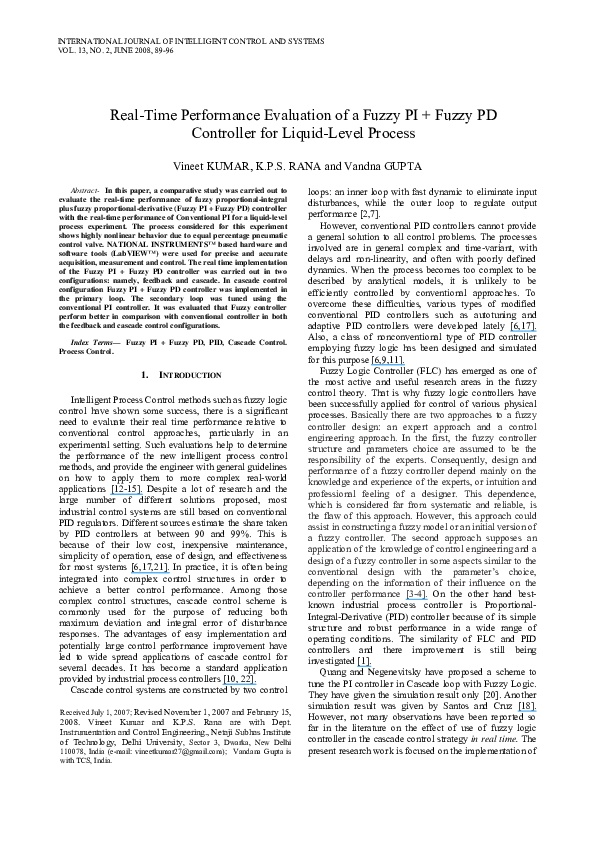 (PDF) Real-Time Performance Evaluation of a Fuzzy PI+ Fuzzy PD Controller for Liquid-Level Process