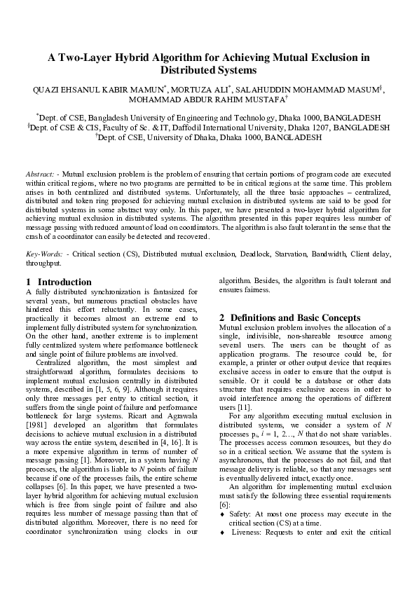 (PDF) A Two-Layer Hybrid Algorithm for Achieving Mutual Exclusion In Distributed Systems