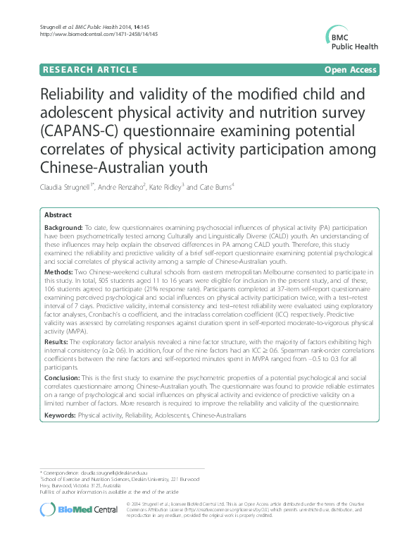 (PDF) Reliability and validity of the modified child and adolescent physical activity and ...