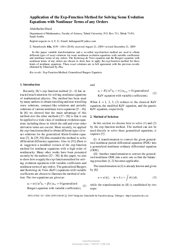 Pdf Application Of The Exp Function Method For Solving Some Evolution