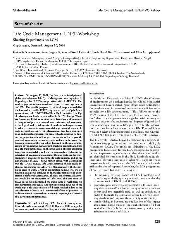 (PDF) Life cycle management: UNEP-workshop