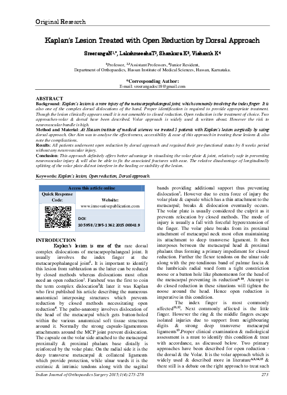 (PDF) Kaplan's Lesion Treated with Open Reduction by Dorsal Approach