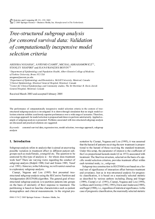 (PDF) Tree-structured subgroup analysis for censored survival data: Validation of ...