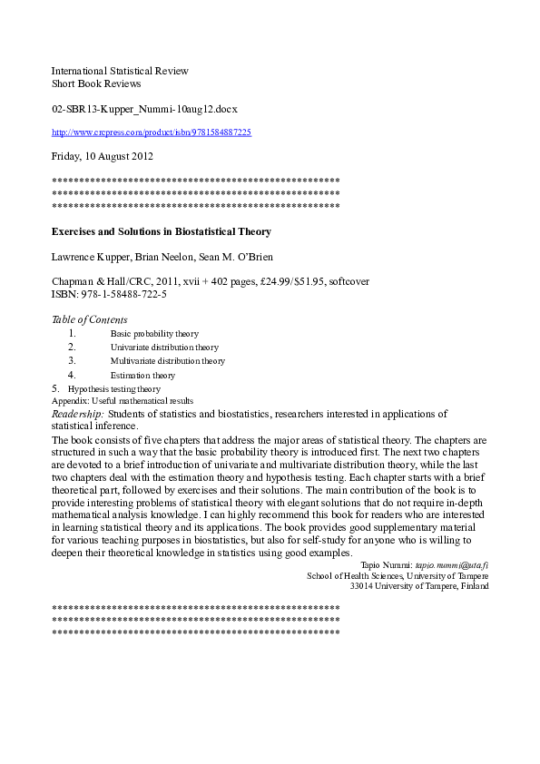 Pdf Exercises And Solutions In Biostatistical Theory By Lawrence