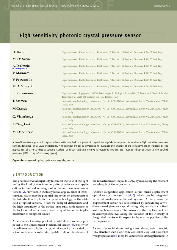(PDF) High sensitivity photonic crystal pressure sensor