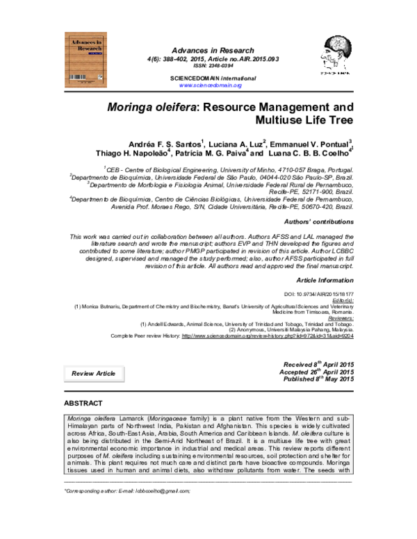 (PDF) Moringa oleifera: Resource Management and Multiuse Life Tree