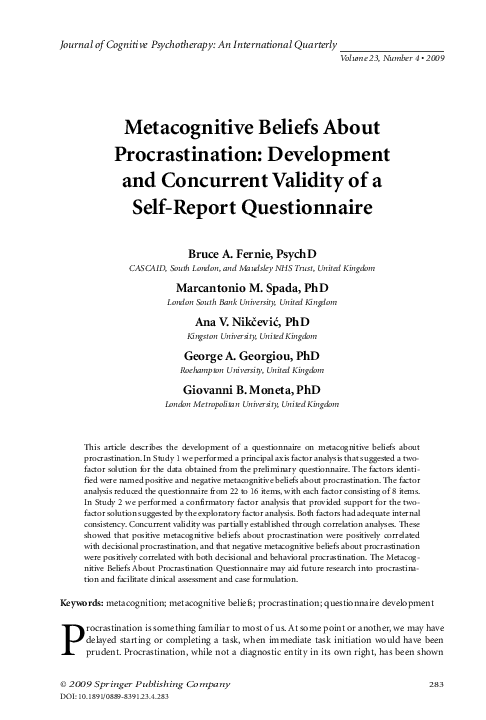 (PDF) Metacognitive Beliefs About Procrastination: Development and Concurrent Validity of a Self ...