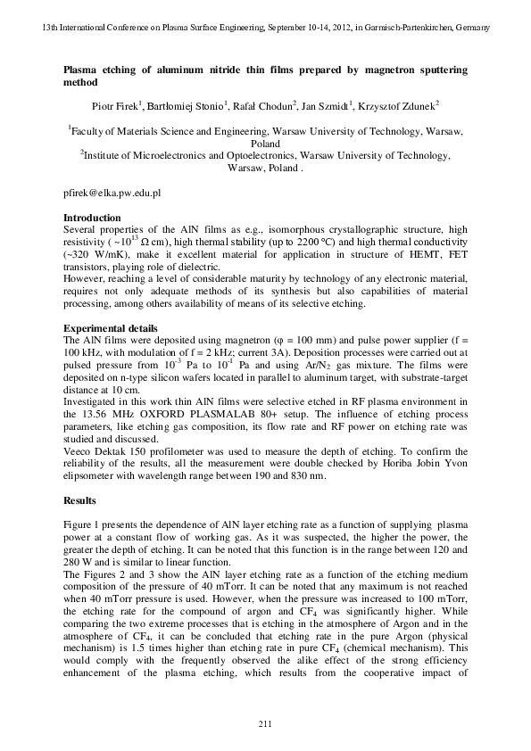 (PDF) Plasma etching of aluminum nitride thin films prepared by magnetron sputtering method