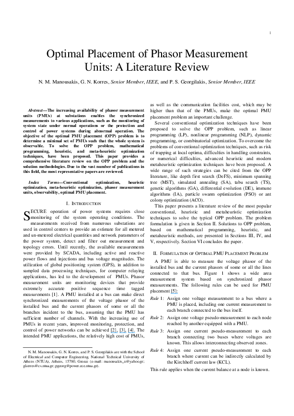 Pdf Optimal Placement Of Phasor Measurement Units A Literature Review