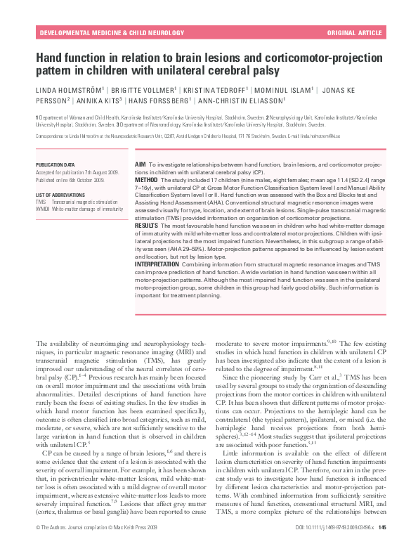 (PDF) Hand function in relation to brain lesions and corticomotor ...