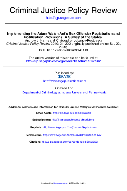 Pdf Implementing The Adam Walsh Acts Sex Offender Registration And
