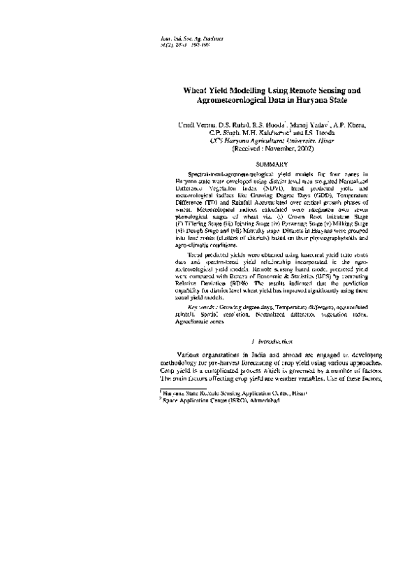 Pdf Wheat Yield Modelling Using Remote Sensing And Agrometeorological