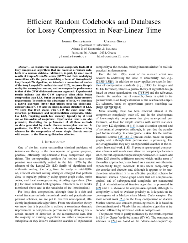 Pdf Efficient Random Codebooks And Databases For Lossy Compression In