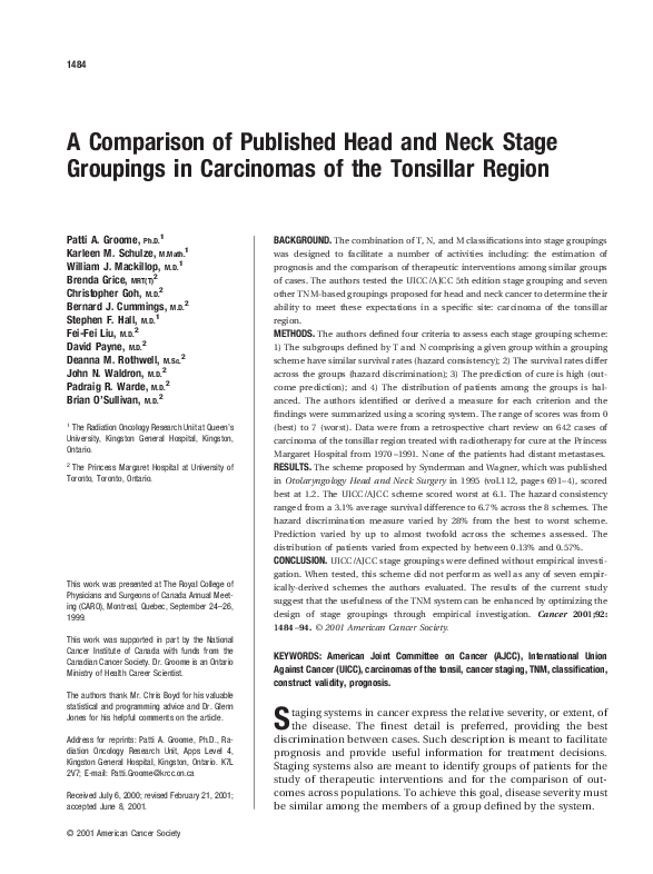 (PDF) A comparison of published head and neck stage groupings in ...
